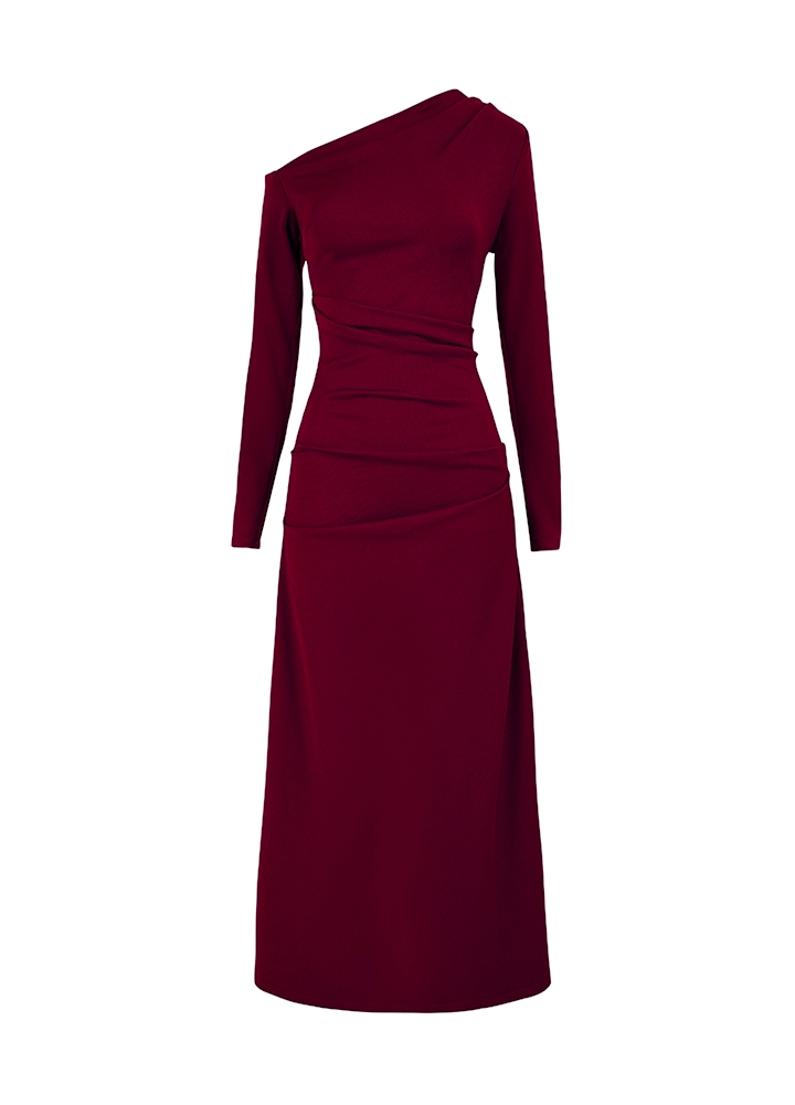 Rochie cocktail midi burgundy cu drapaje si un umar decupat Malmo