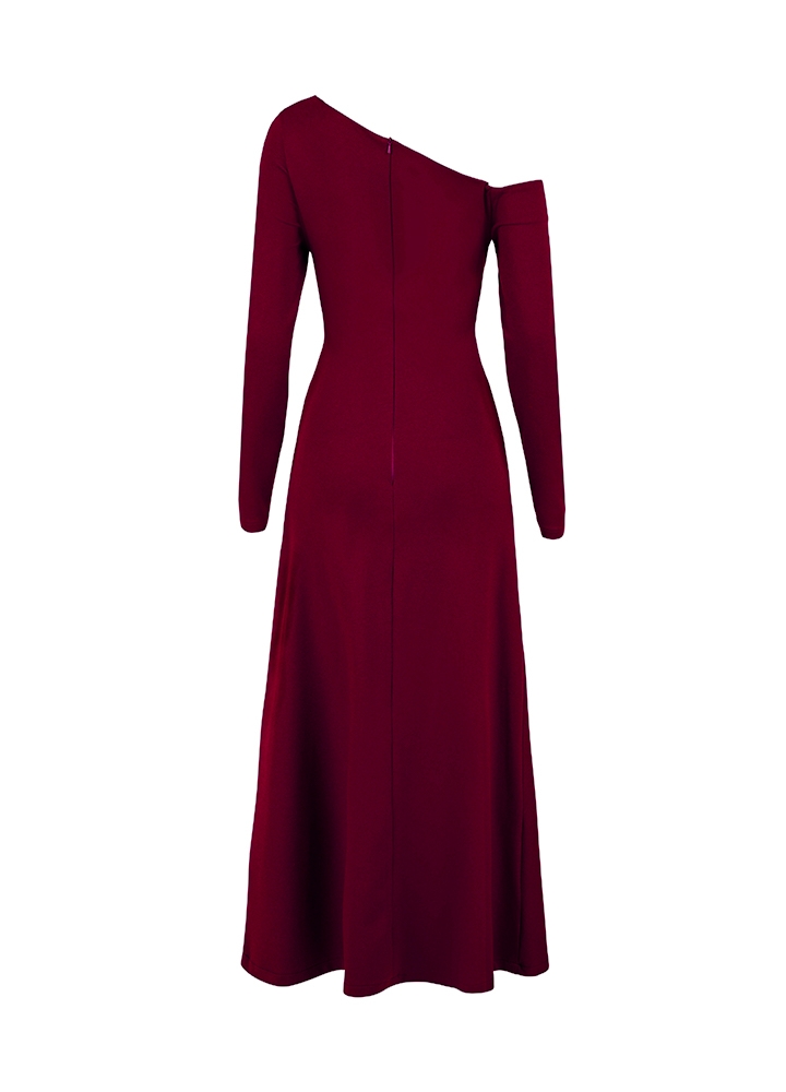 Rochie cocktail midi burgundy cu drapaje si un umar decupat Malmo