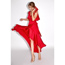 Rochie cocktail midi rosie din matase naturala cu decolteu asimetric si ...